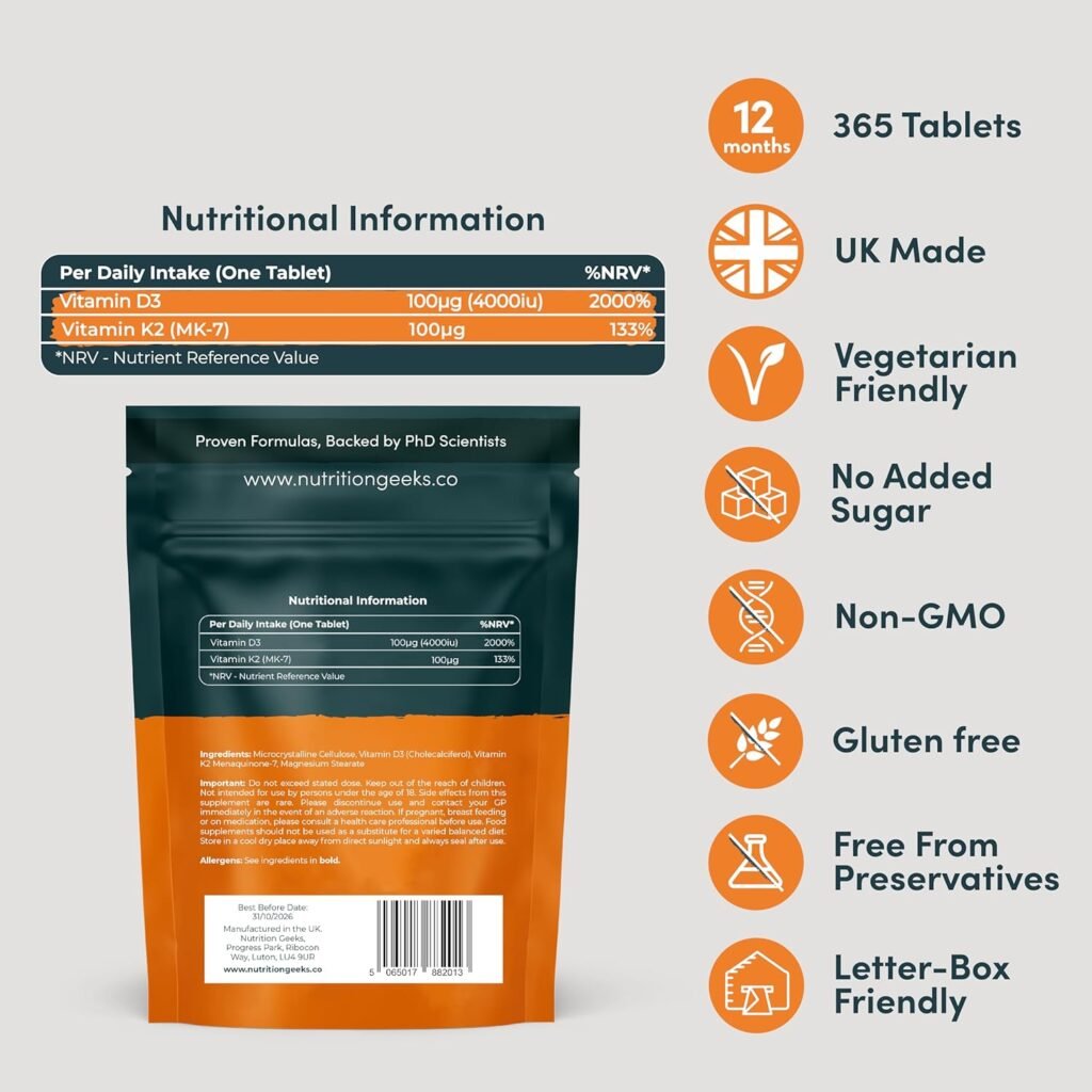 NUTRITION GEEKS Vitamin D3+ K2 Tablets | The Life Lifter